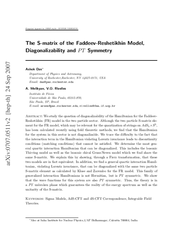 (PDF) The S-matrix of the Faddeev-Reshetikhin model, diagonalizability and PT symmetry