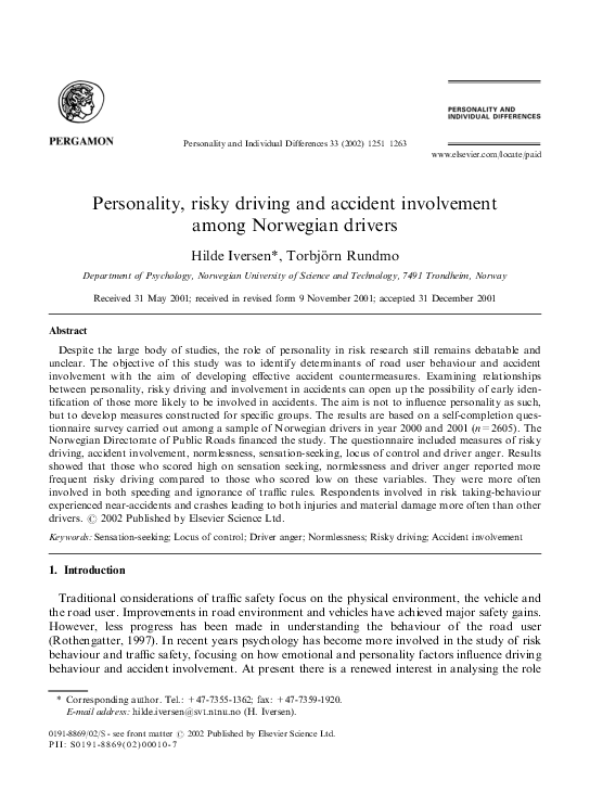 (PDF) Personality, risky driving and accident involvement among Norwegian drivers