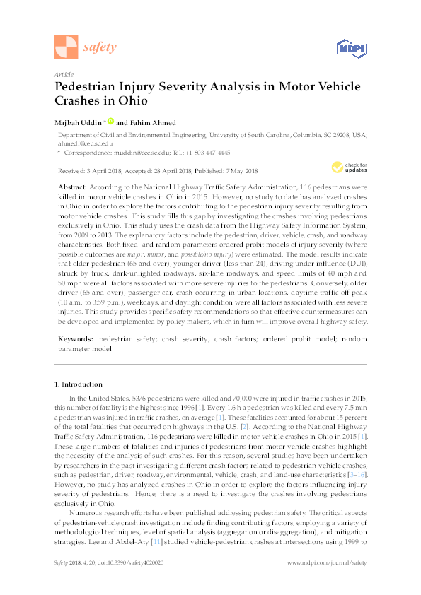 (PDF) Pedestrian Injury Severity Analysis in Motor Vehicle Crashes in Ohio