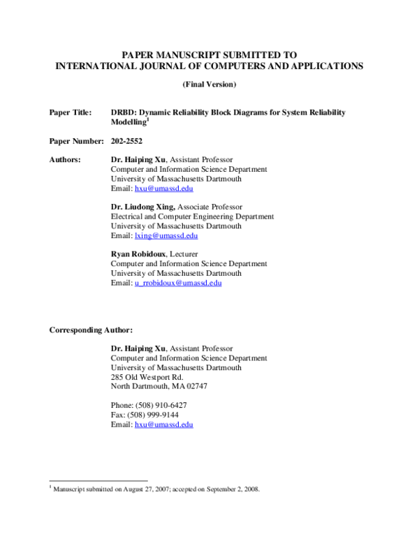 Pdf Drbd Dynamic Reliability Block Diagrams For System Reliability Modelling