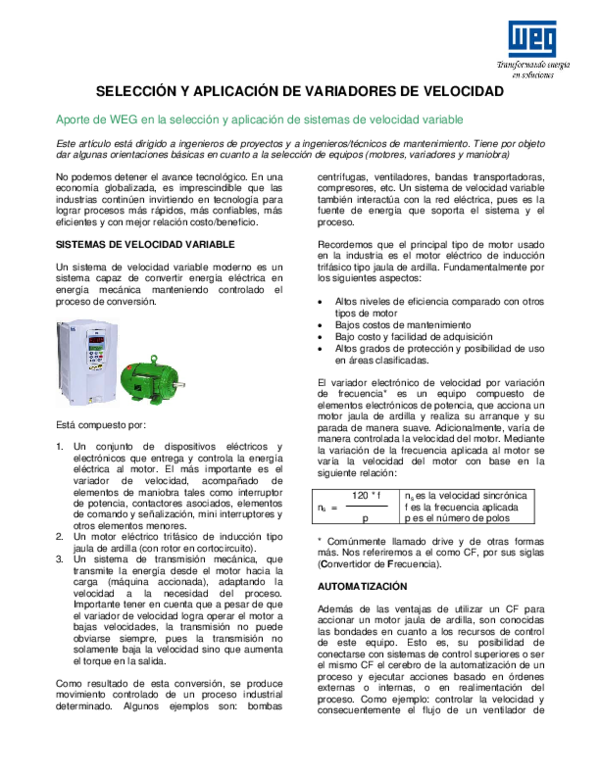 (PDF) SELECCIÓN Y APLICACIÓN DE VARIADORES DE VELOCIDAD