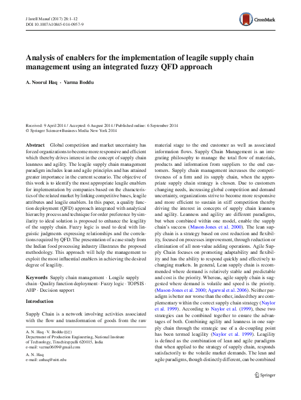 (PDF) Analysis of enablers for the implementation of leagile supply chain management using an ...