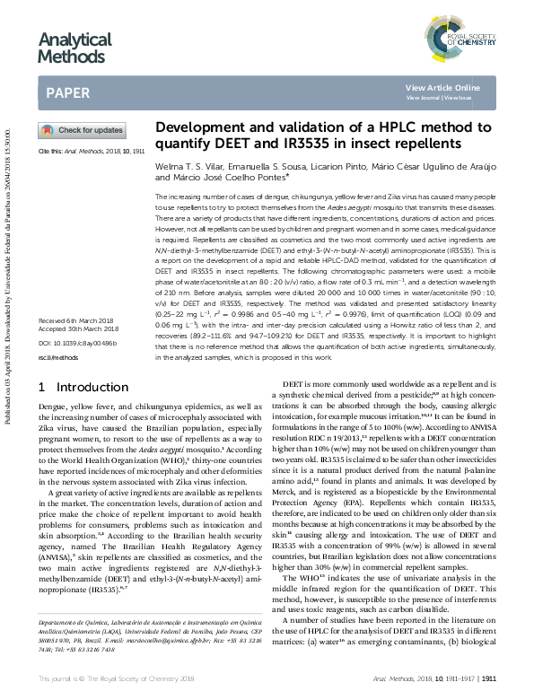 (PDF) Development and validation of a HPLC method to quantify DEET and ...