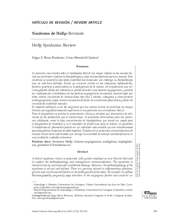 (PDF) Síndrome de Hellp: Revisión Hellp Syndrome: Review