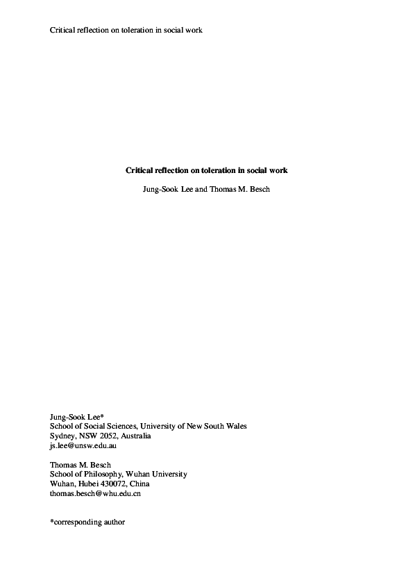(PDF) Critical reflection on toleration in social work