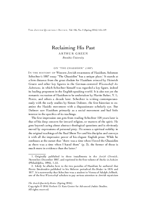 (PDF) Arthur Green, “Reclaiming His Past: On Solomon Schechter’s ‘The ...