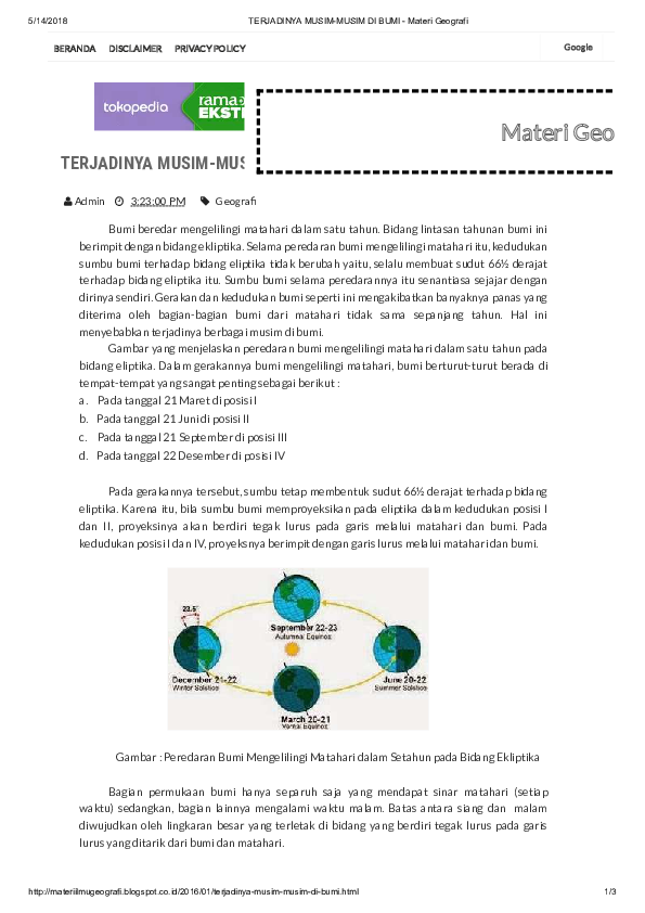 (PDF) TERJADINYA MUSIM MUSIM DI BUMI Materi Geografi
