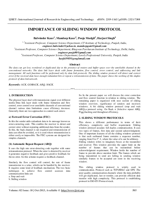 (PDF) IMPORTANCE OF SLIDING WINDOW PROTOCOL