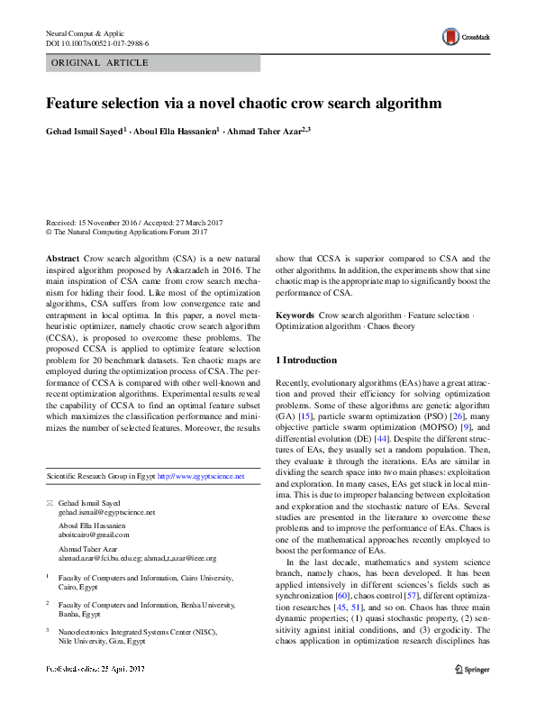 Feature selection via a novel chaotic crow search algorithm