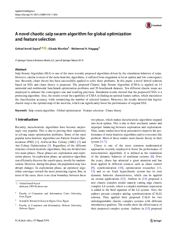 A Novel Chaotic Salp Swarm Algorithm For Global Optimization And Feature Selection 9339
