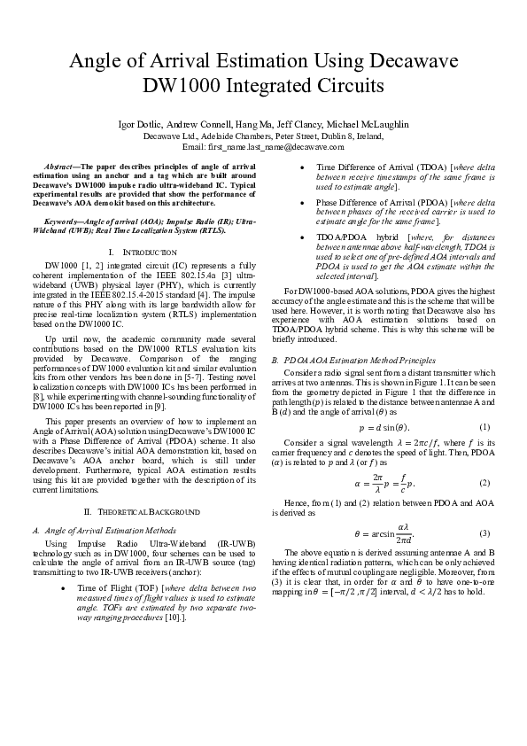 (PDF) Angle of Arrival Estimation Using Decawave DW1000 Integrated Circuits