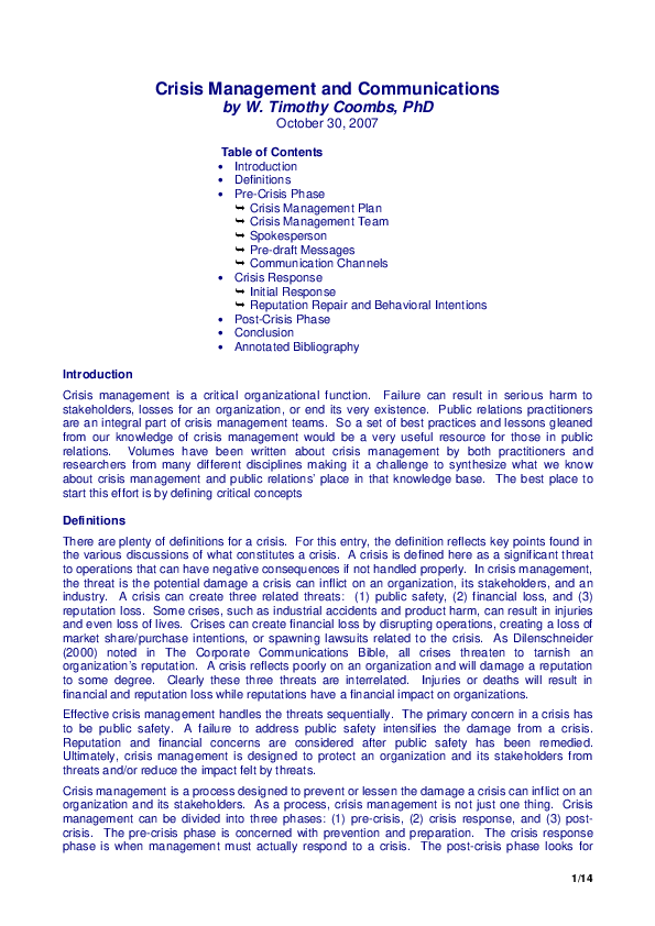 (PDF) Crisis Management and Communications