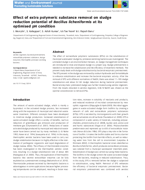 (PDF) Effect of extra polymeric substance removal on sludge reduction ...