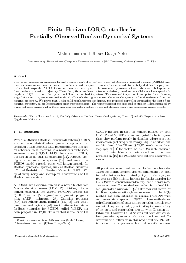 Pdf Finite Horizon Lqr Controller For Partially Observed Boolean Dynamical Systems Mahdi