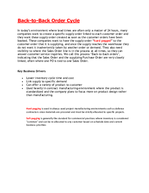 Back-to-Back Order Cycle