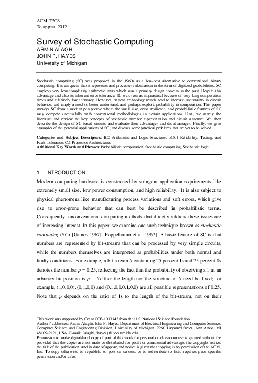Pdf Survey Of Stochastic Computing