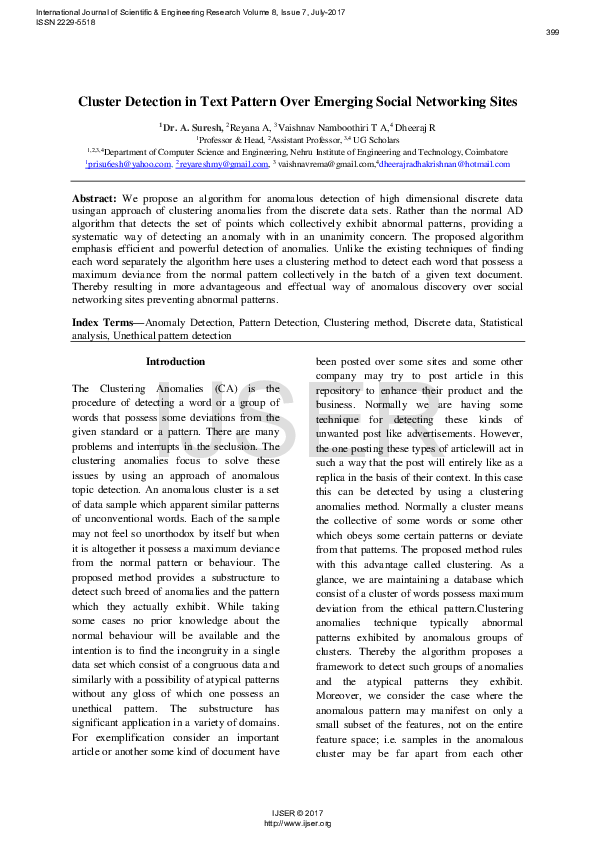 Pdf Cluster Detection In Text Pattern Over Emerging Social Networking Sites