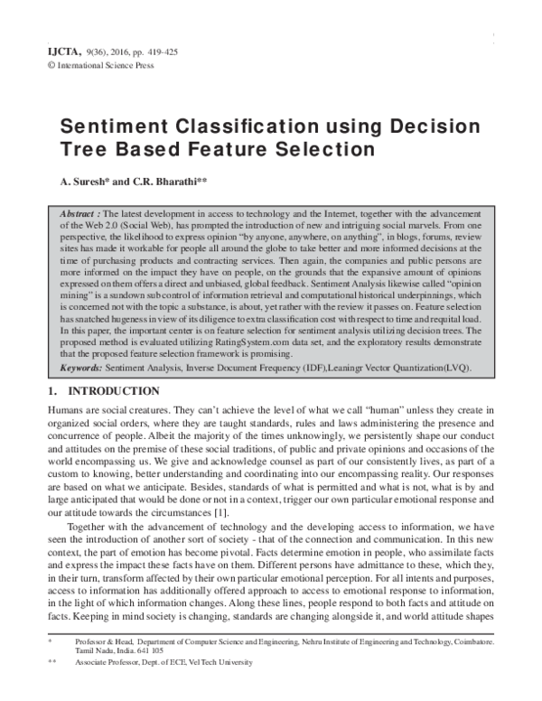 Pdf Sentiment Classifi Cation Using Decision Tree Based Feature Selection