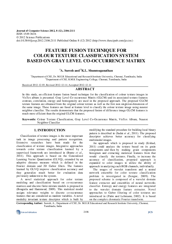 Pdf Feature Fusion Technique For Colour Texture Classification System