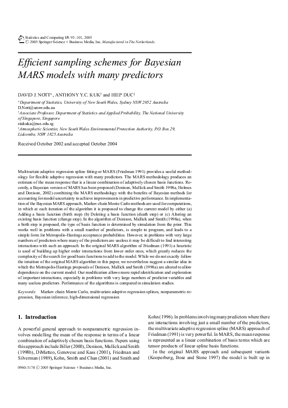 (PDF) Efficient sampling schemes for Bayesian MARS models with many predictors
