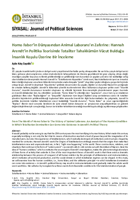 (PDF) Homo Faber’in Dünyasından Animal Laborans’ın Zaferine: Hannah ...