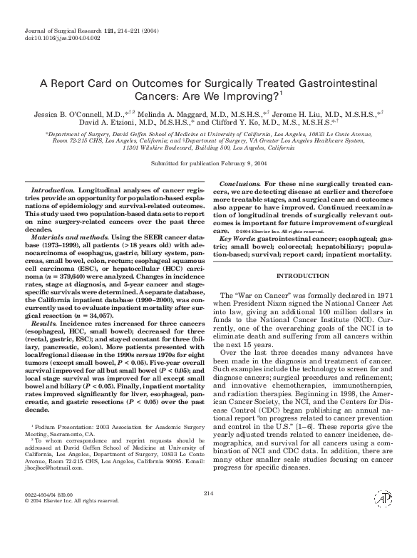 (PDF) A report card on outcomes for surgically treated gastrointestinal ...