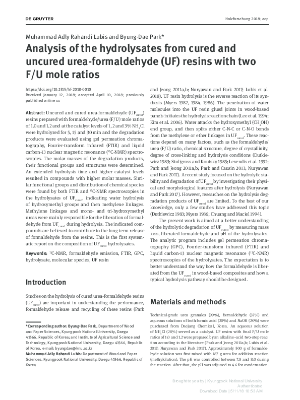 (PDF) Analysis of the hydrolysates from cured and uncured urea ...