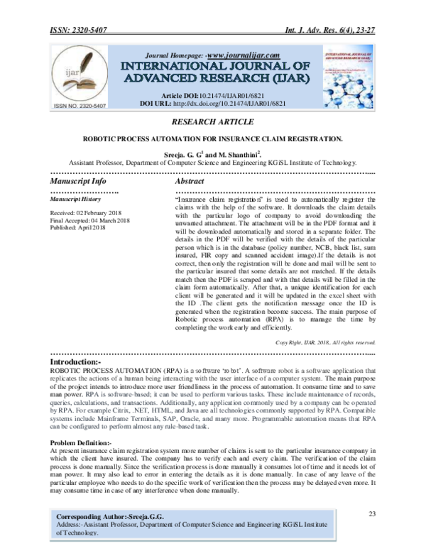 Pdf Robotic Process Automation For Insurance Claim Registration