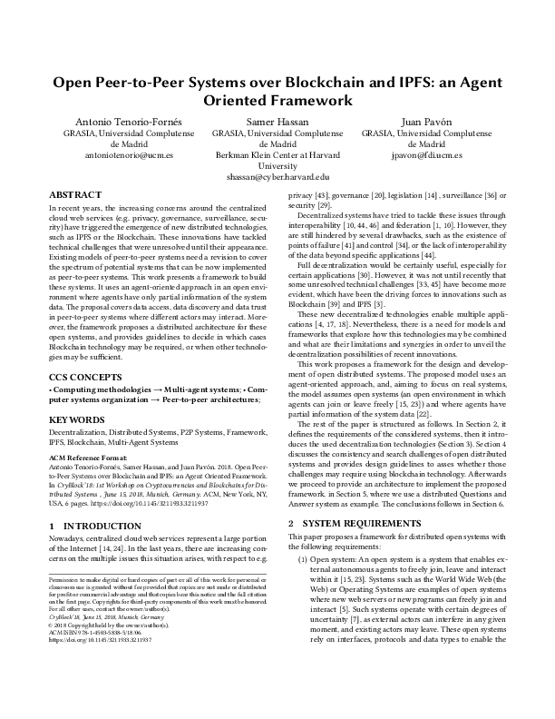 Pdf Open Peer To Peer Systems Over Blockchain And Ipfs An Agent 5330