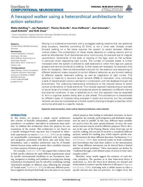 (PDF) A hexapod walker using a heterarchical architecture for action ...