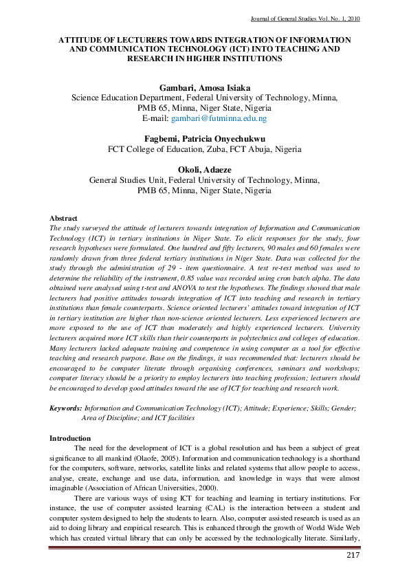 (PDF) ATTITUDE OF LECTURERS TOWARDS INTEGRATION OF INFORMATION AND COMMUNICATION TECHNOLOGY (ICT ...