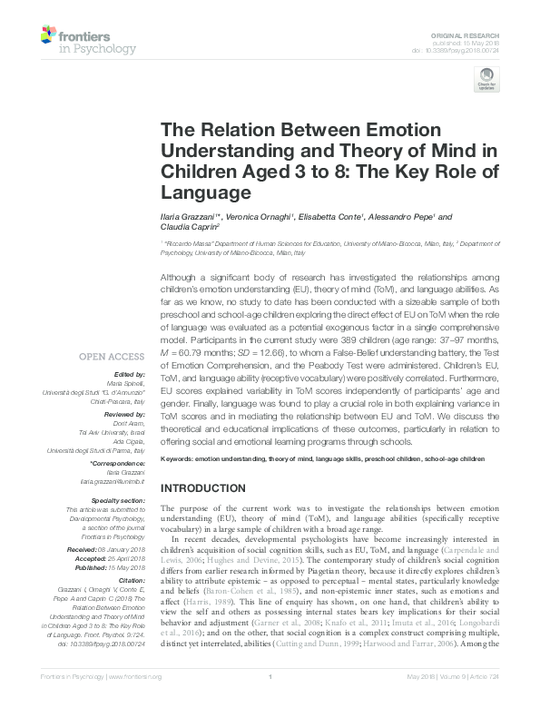 (PDF) The Relation Between Emotion Understanding and Theory of Mind in ...