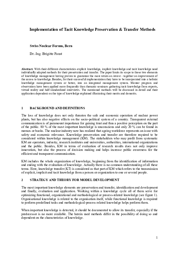 (PDF) Implementation of Tacit Knowledge Preservation & Transfer Methods