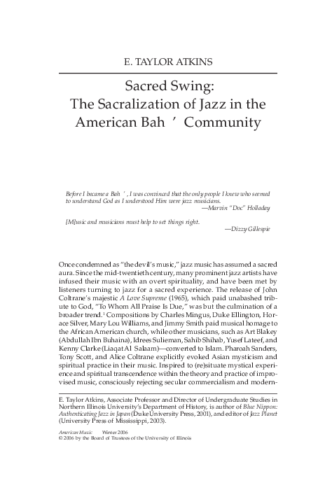 (PDF) “Sacred Swing: The Sacralization of Jazz in the American Bahá’í ...