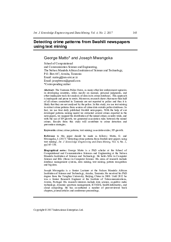 (PDF) Detecting crime patterns from Swahili newspapers using text mining