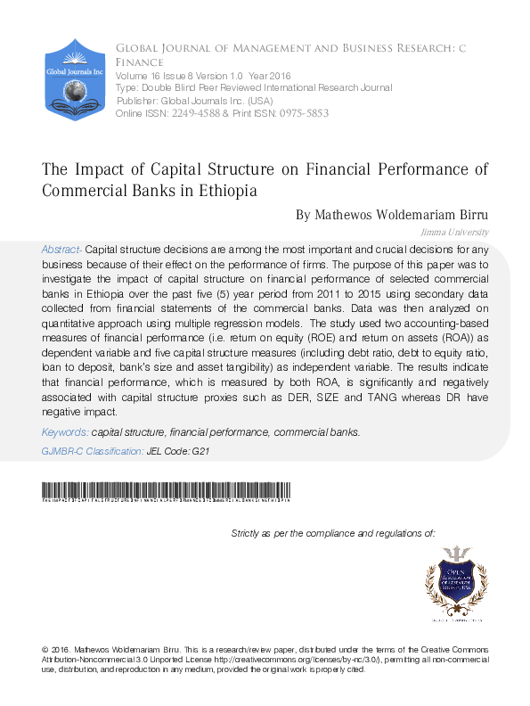 (PDF) The Impact of Capital Structure on Financial Performance of Commercial Banks in Ethiopia ...