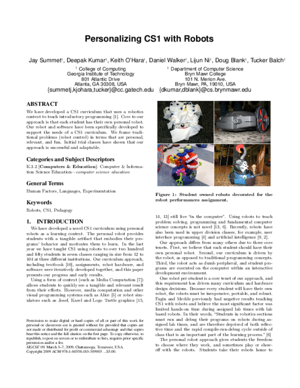 (PDF) Personalizing CS1 with robots
