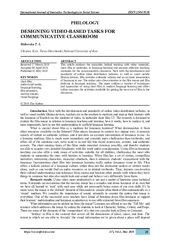(PDF) DESIGNING VIDEO-BASED TASKS FOR COMMUNICATIVE CLASSROOM