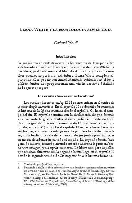 (PDF) Gerhard Pfandl, “Elena White y la escatología adventista”, en ...