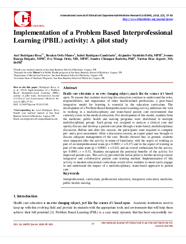 (PDF) Implementation of a Problem Based Interprofessional Learning (PBIL) activity: A pilot study