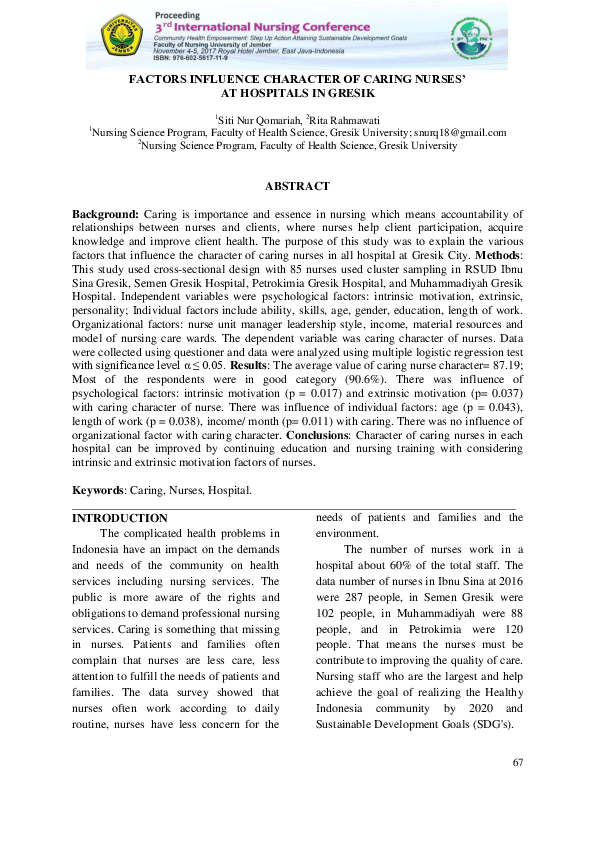 (PDF) FACTORS INFLUENCE CHARACTER OF CARING NURSES' AT HOSPITALS IN GRESIK