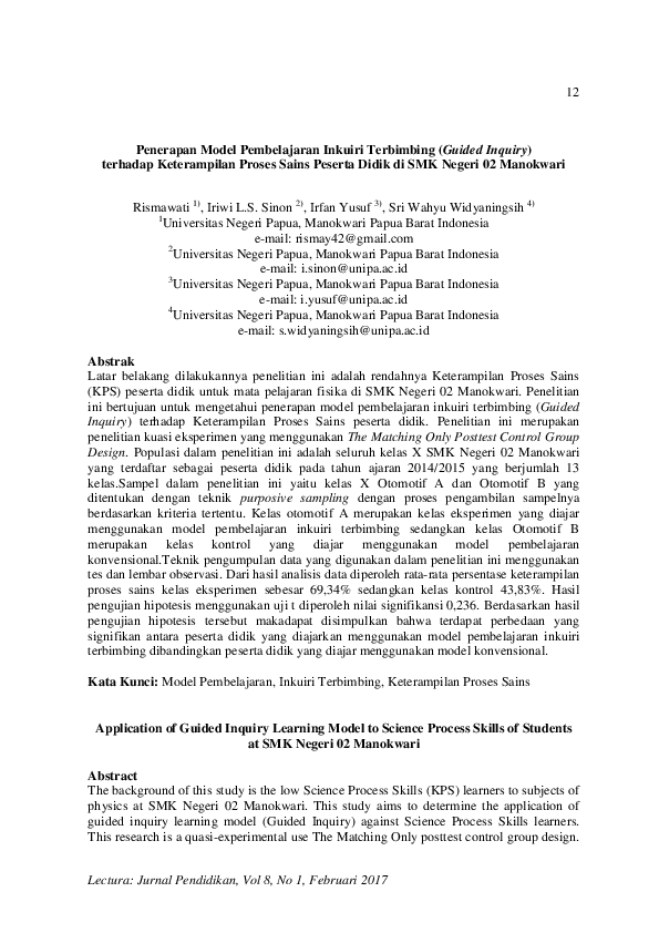 (PDF) Penerapan Model Pembelajaran Inkuiri Terbimbing (Guided Inquiry) terhadap Keterampilan ...