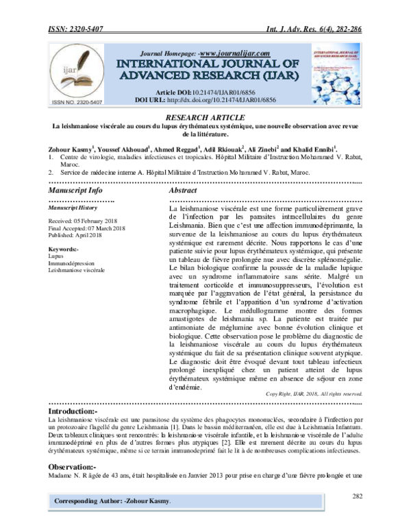 (PDF) LA LEISHMANIOSE VISC?RALE AU COURS DU LUPUS ?RYTH?MATEUX SYST?MIQUE, UNE NOUVELLE ...