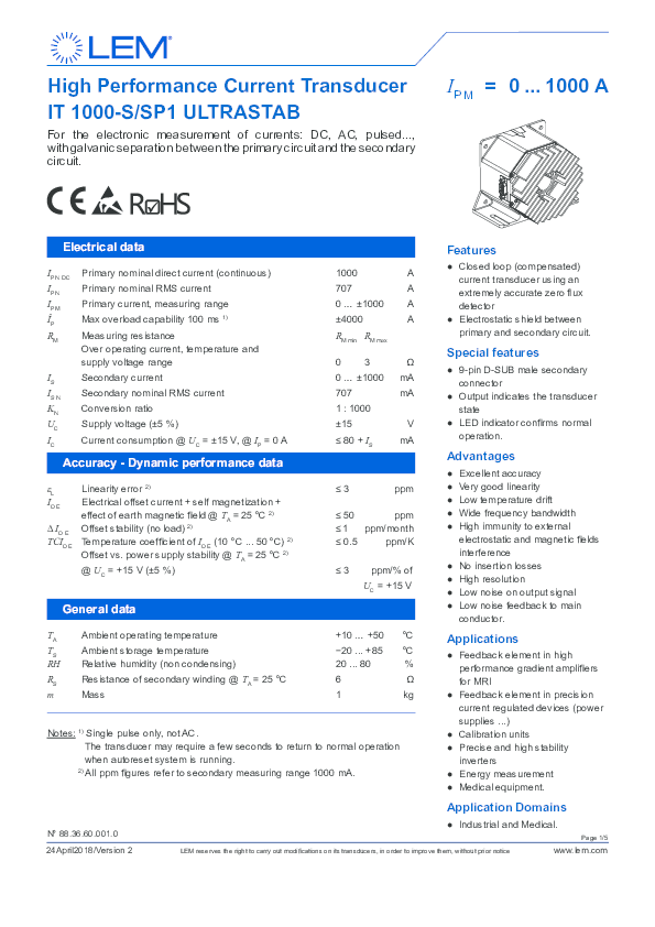 (PDF) High Performance Current Transducer IT 1000-S/SP1 ULTRASTAB