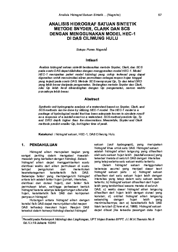 (DOC) ANALISIS HIDROGRAF SATUAN SINTETIK METODE SNYDER, CLARK DAN SCS DENGAN MENGGUNAKAN MODEL ...