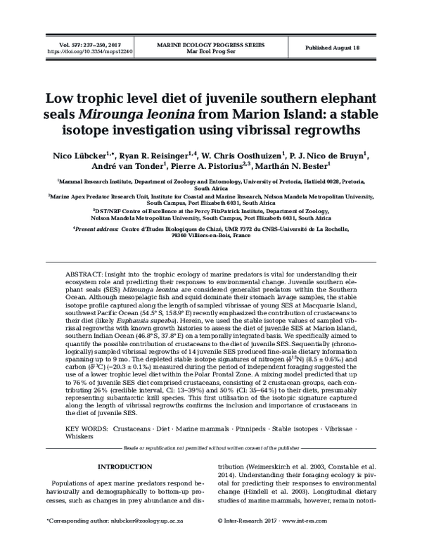 (PDF) Low trophic level diet of juvenile southern elephant seals ...