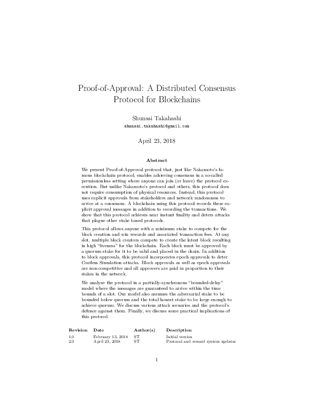 (PDF) Proof-of-Approval: A Distributed Consensus Protocol for Blockchains Version 2.0