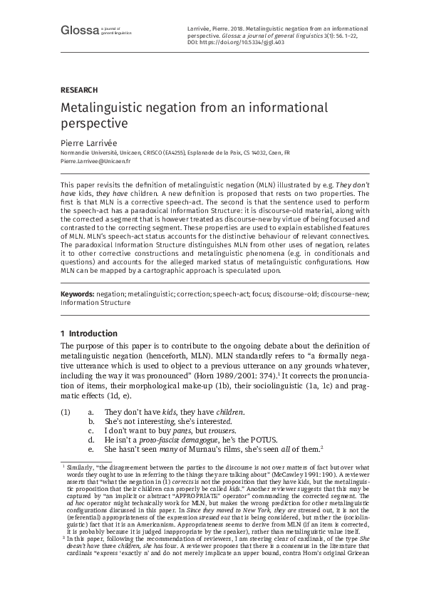 (PDF) Metalinguistic negation from an informational perspective ...
