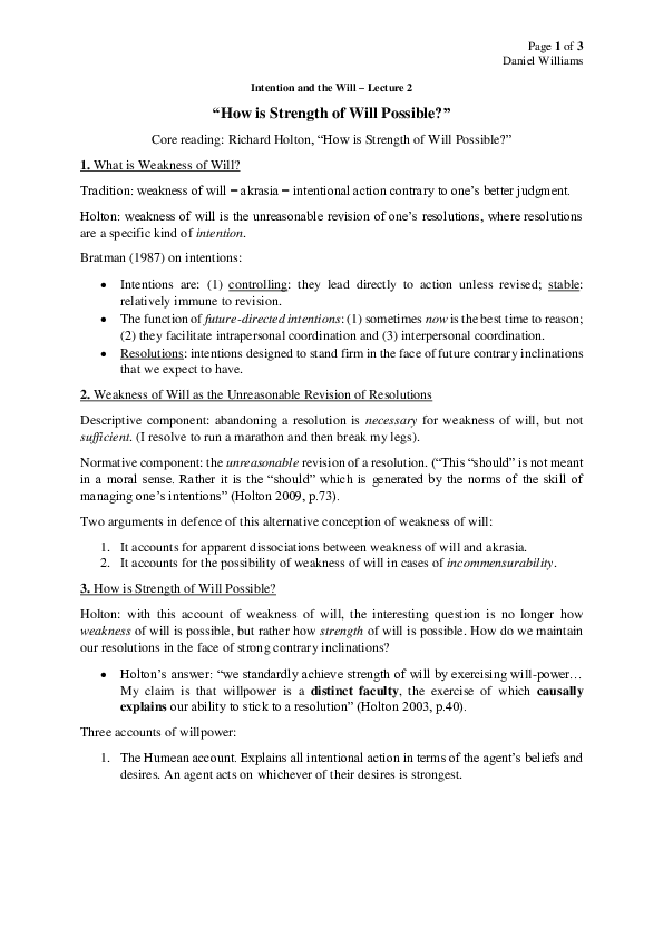 (DOC) Intention and the Will - Lecture 2 - Handout