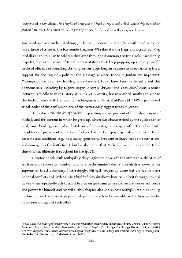 (PDF) Review of Yoav Alon, The Shaykh of Shaykhs: Mithqal al-Fayiz and ...